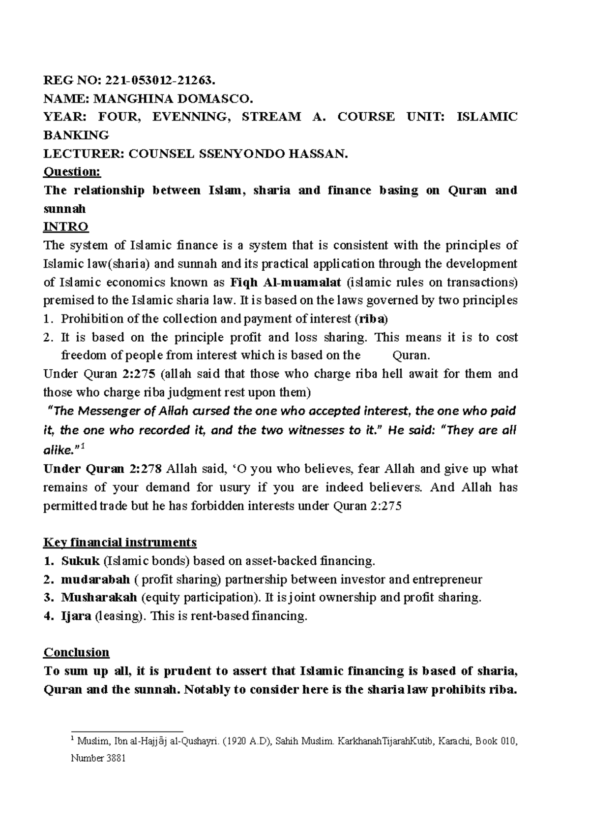 Islam test - It ain't about riba - REG NO: 221-053012-21263. NAME ...