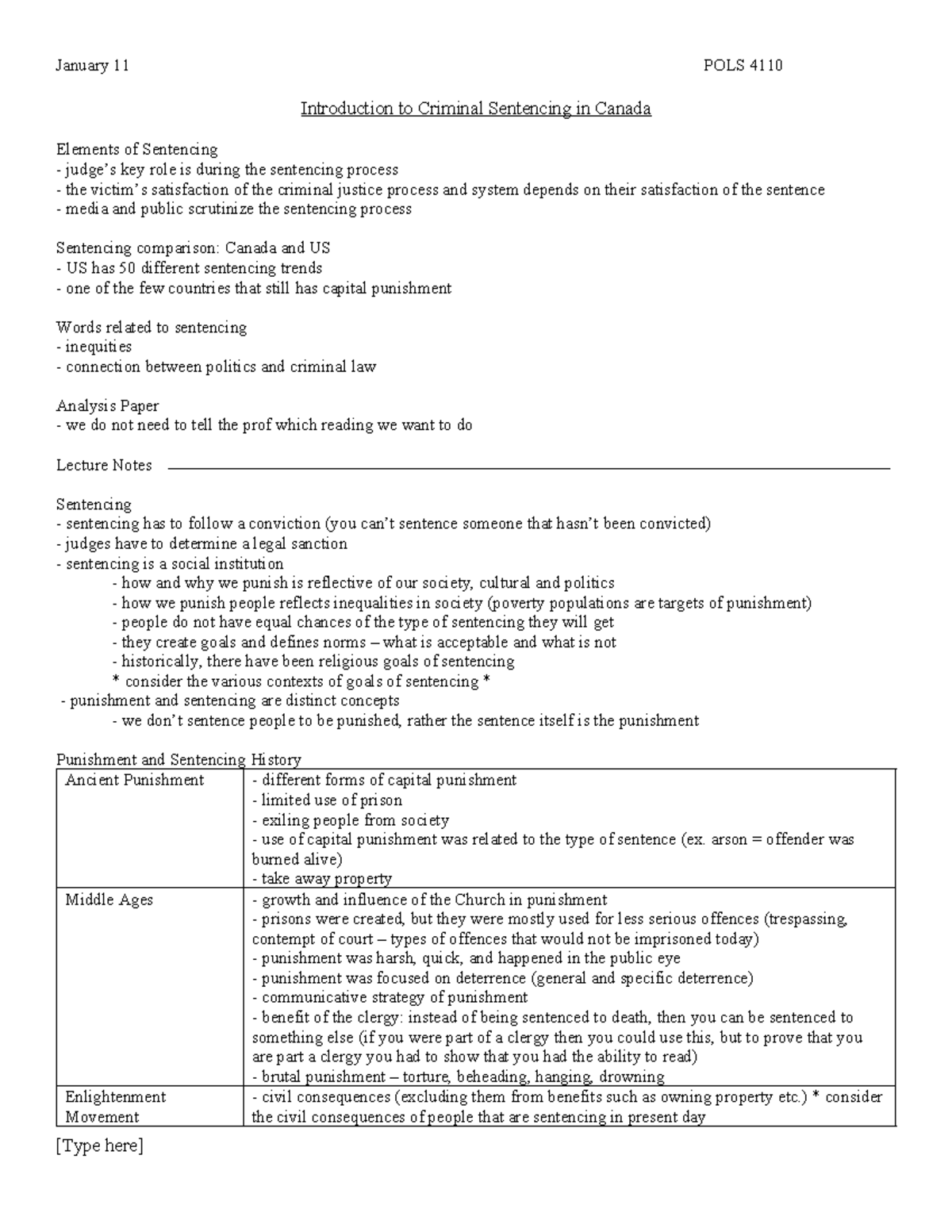 1 - Notes on Criminal Sentencing in Canada - January 11 POLS 4110 ...