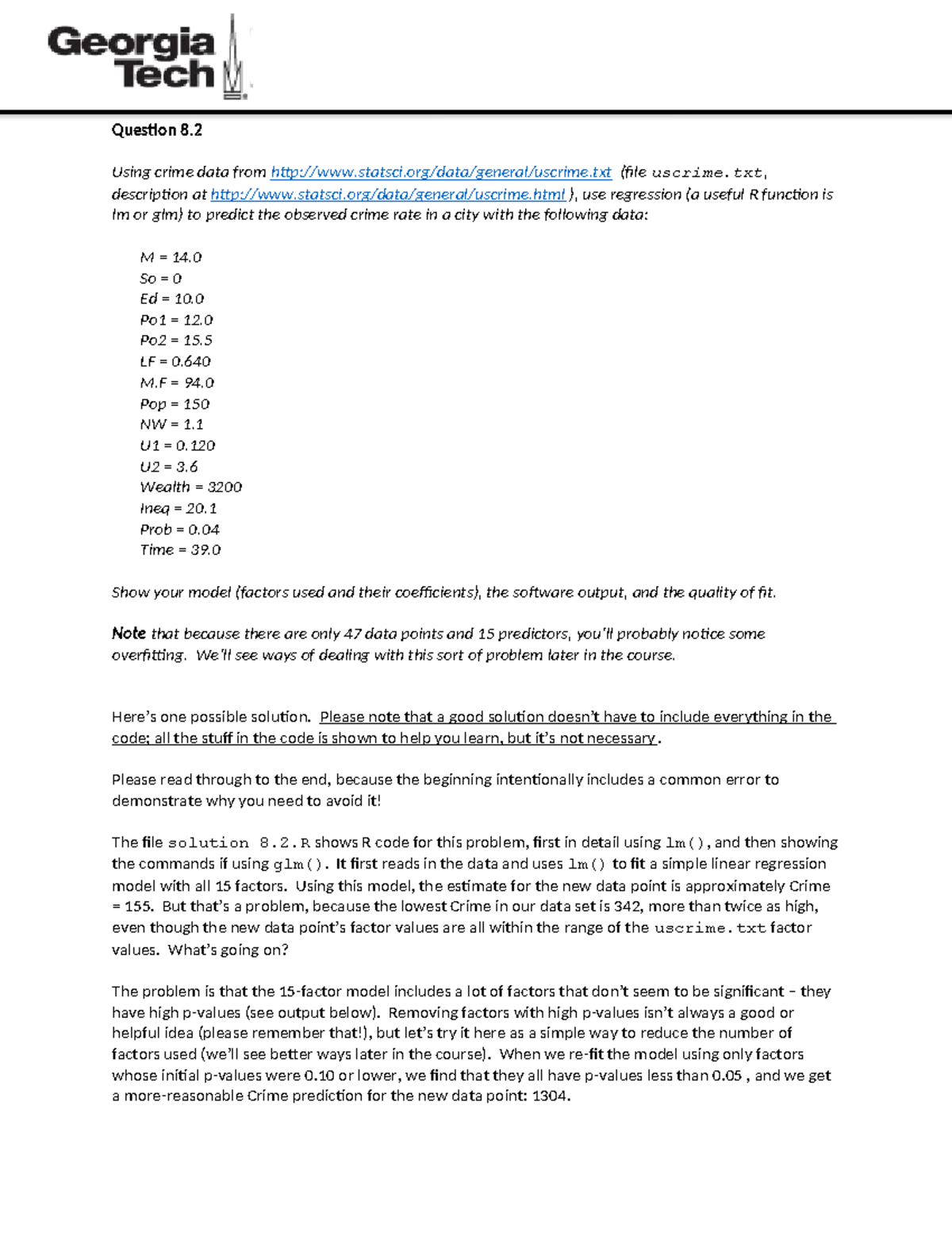 Solution 8 - homework - Question 8. Using crime data from statsci/data ...