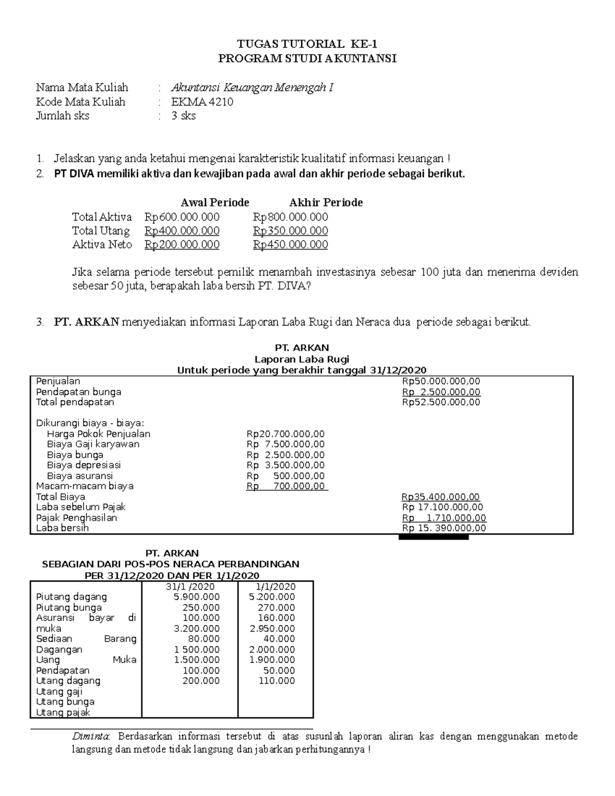 Tugas Tutorial 1 - quipper - TUGAS TUTORIAL KE- 1 PROGRAM STUDI AKUNTANSI Nama Mata Kuliah ...