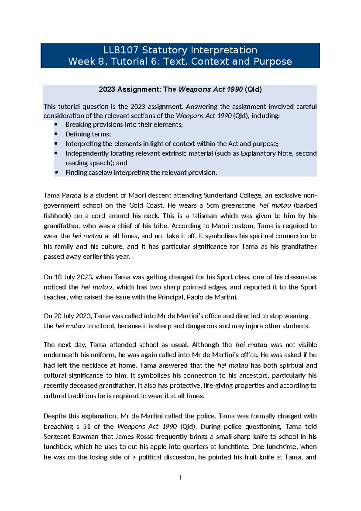 LLB107 Tutorial 6 (Week 8)-1 - LLB107 Statutory Interpretation Week 8, Tutorial 6: Text, Context ...