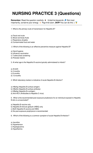 NP4 - Practice question - NURSING PRACTICE 4 (Questions) Remember: Read ...