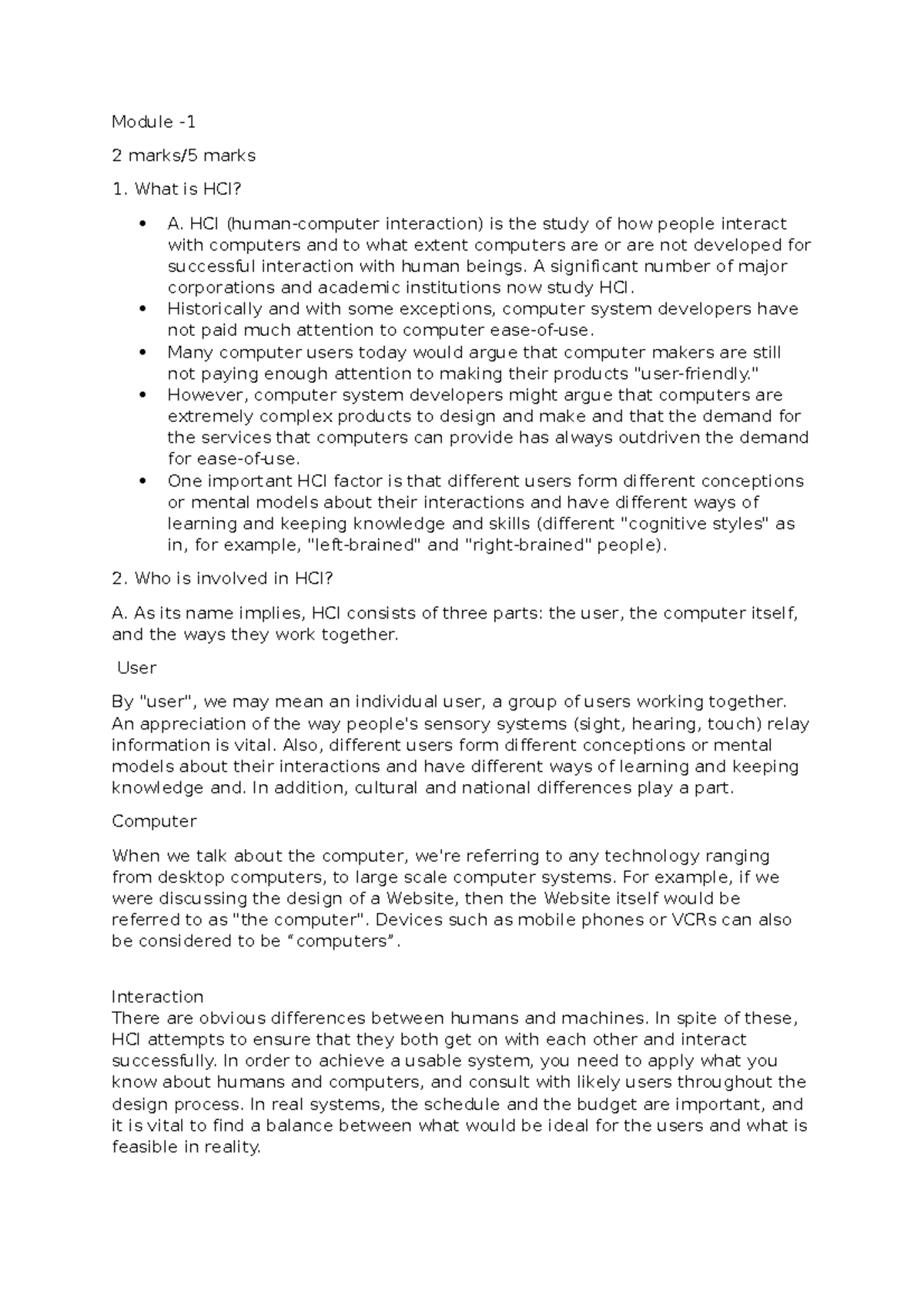 HCI - Module - 2 marks/5 marks What is HCI? A. HCI (human-computer ...