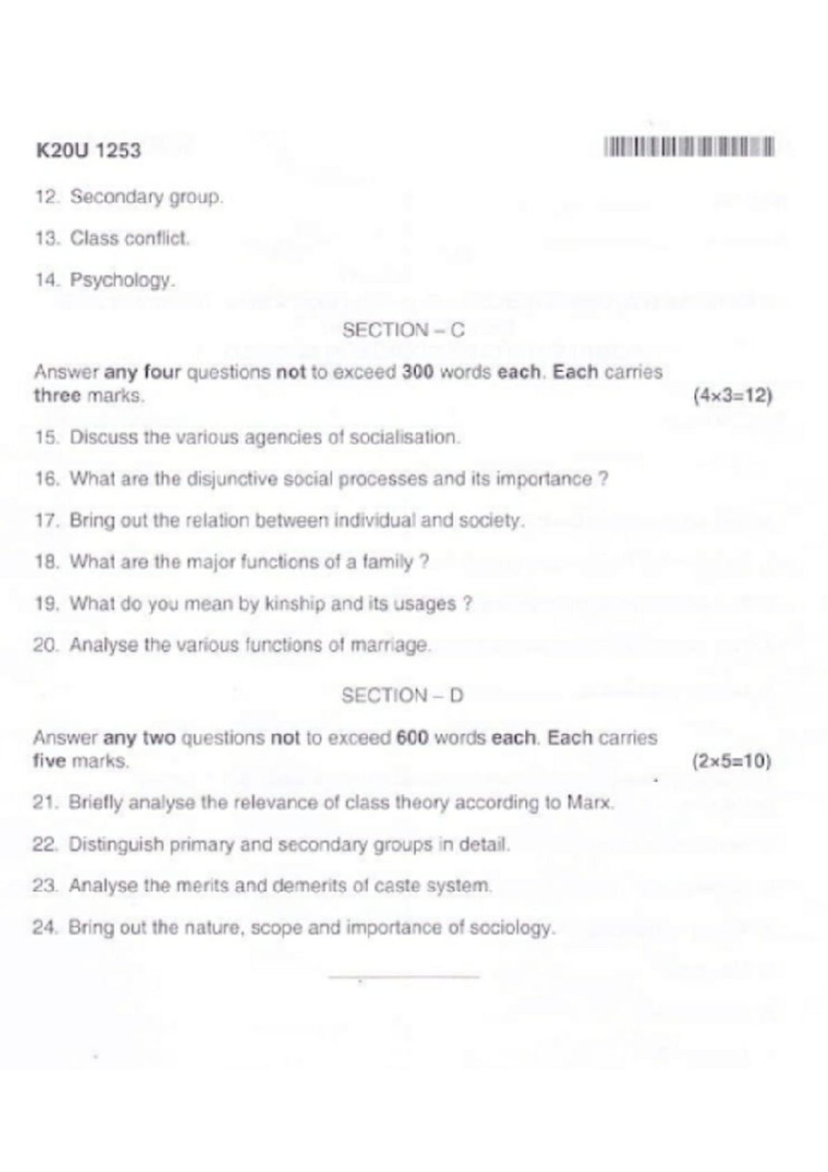 K2 - Previous year question paper of 3rd semester BA sociology ...