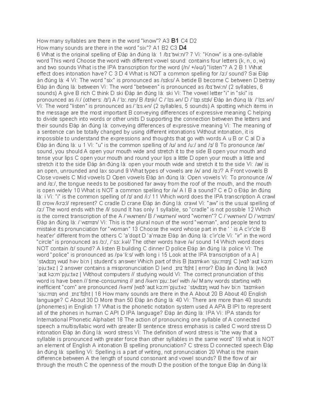 Mon Ngu Am - Ngu am - How many syllables are there in the word “know”? A3 B1 C4 D How many ...
