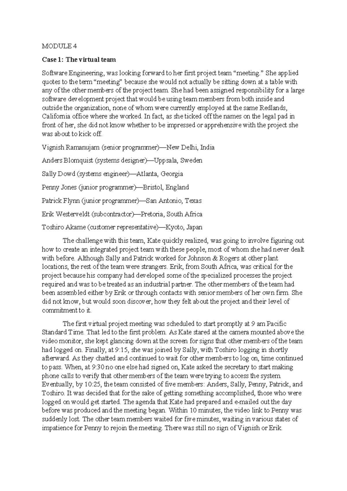 PMT 7038 leadership Module 4 case study 1 - MODULE 4 Case 1: The virtual team Software ...