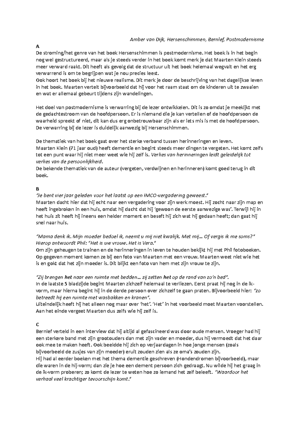 Boekopdracht 3 hersenschimmen - Amber van Dijk, Hersenschimmen, Bernlef ...