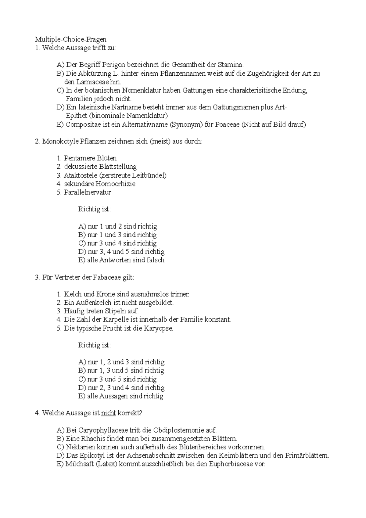 WS 1819 Botanik Klausur - Multiple-Choice-Fragen Welche Aussage trifft ...