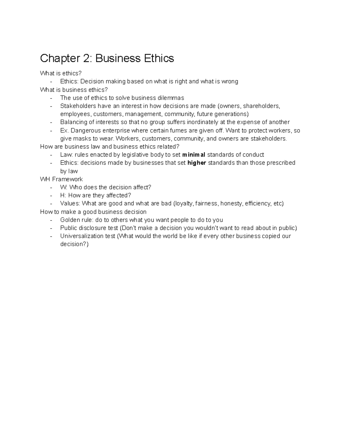 BUSN 323 Chapter 2 - Chapter 2: Business Ethics What is ethics ...