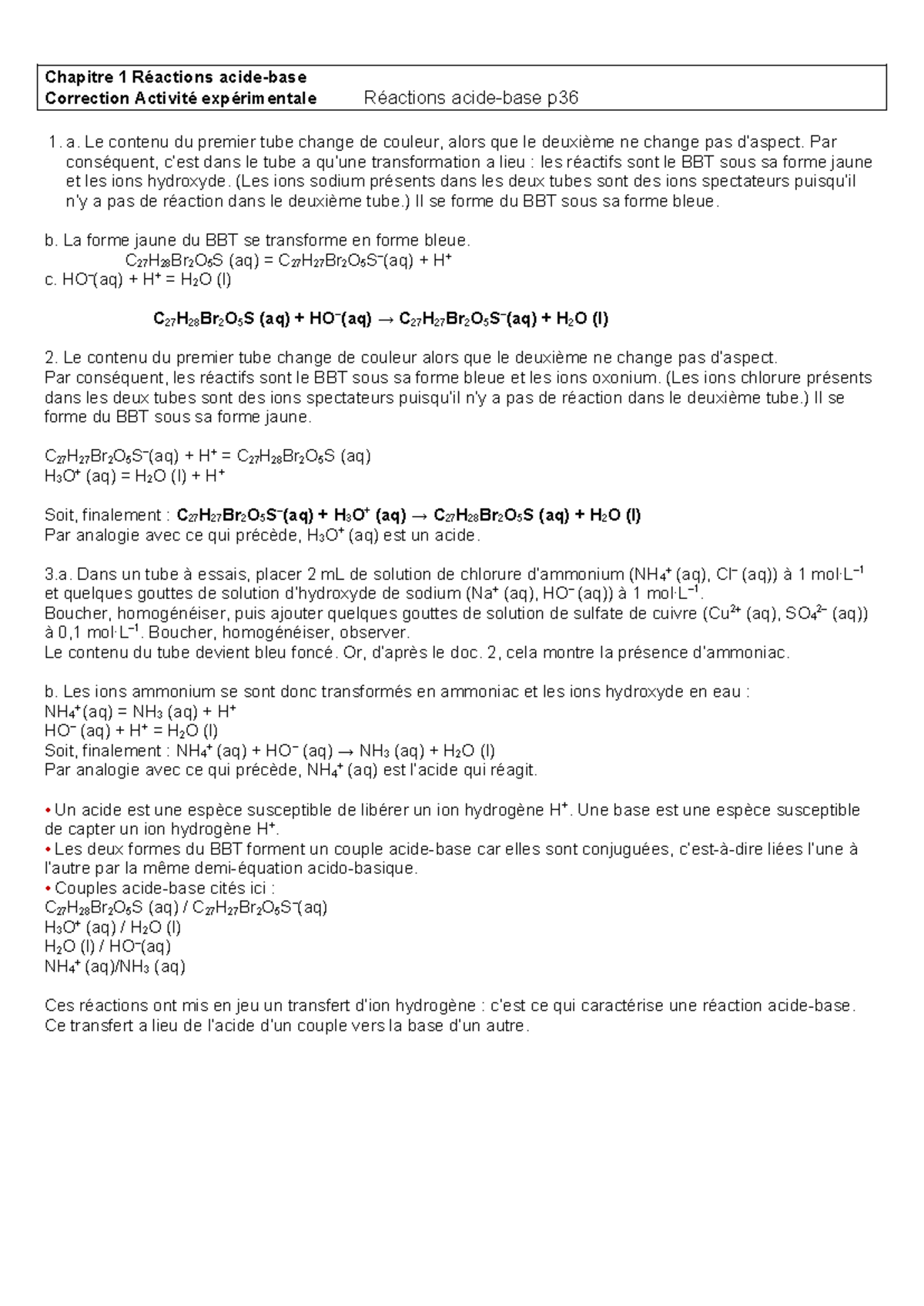 Correction ch1 TP p36 - Corriger Chap 1 - Chapitre 1 Réactions acide ...