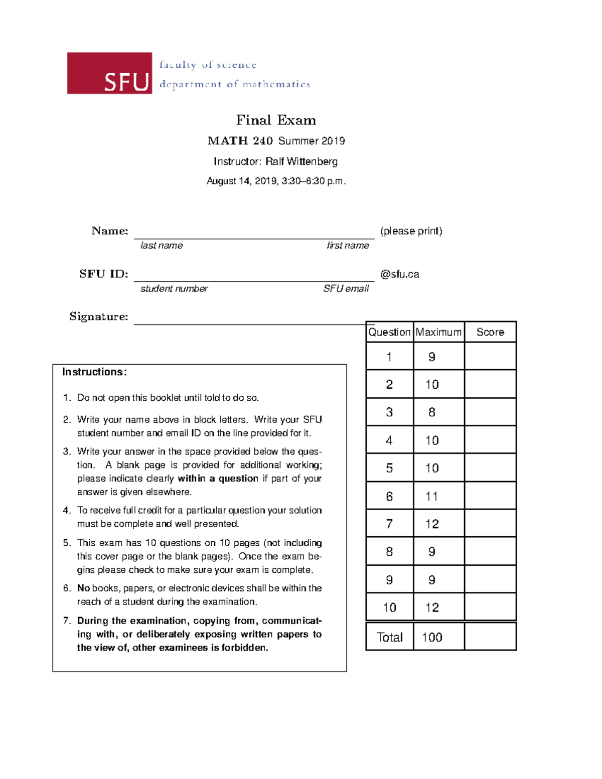 Sample-final - Practice final covering all material - MATH 240 - SFU ...