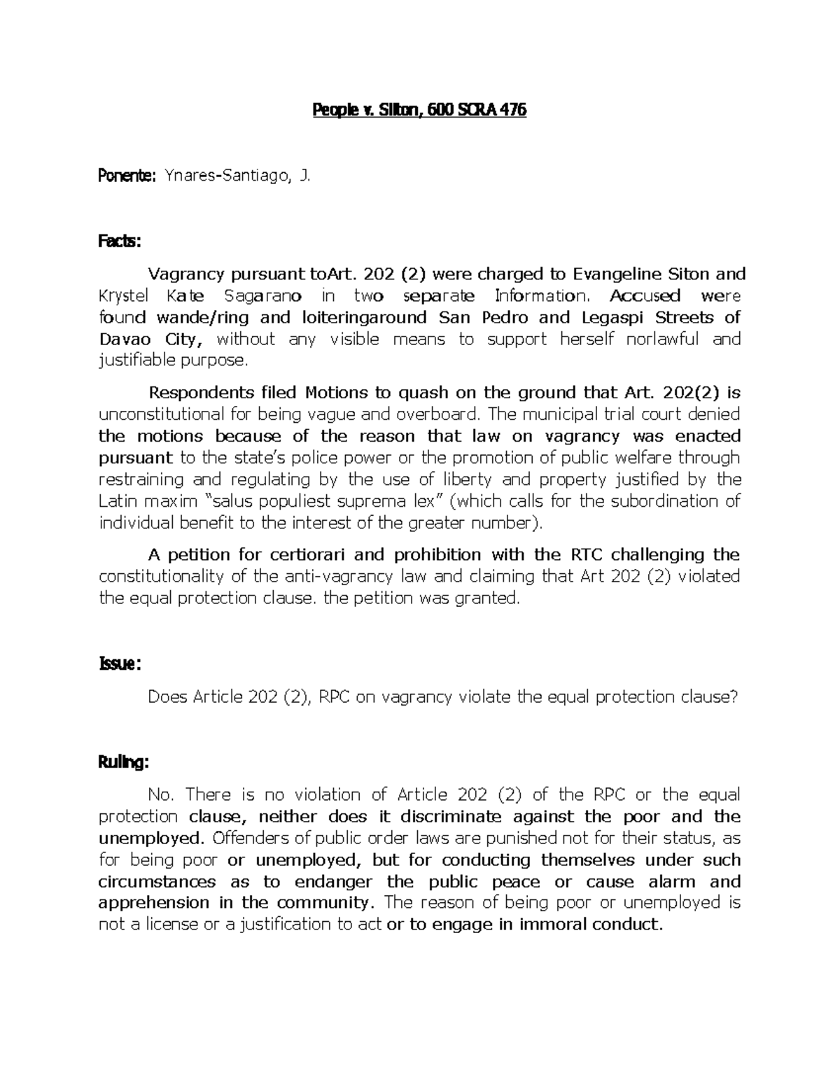 Philippine law case digest - P eople v. S ilton, 6 00 SCR A 4 76 ...