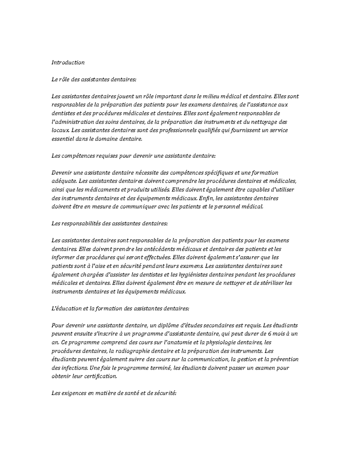 Dental Assisting Study Notes - Introduction Le rôle des assistantes ...