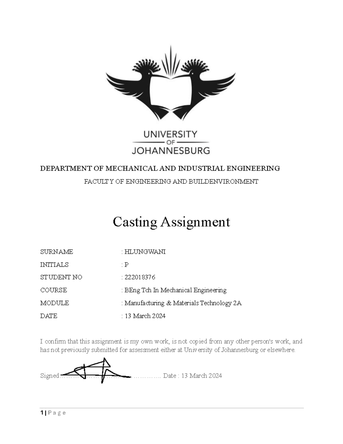 Assignment 1 - DEPARTMENT OF MECHANICAL AND INDUSTRIAL ENGINEERING ...