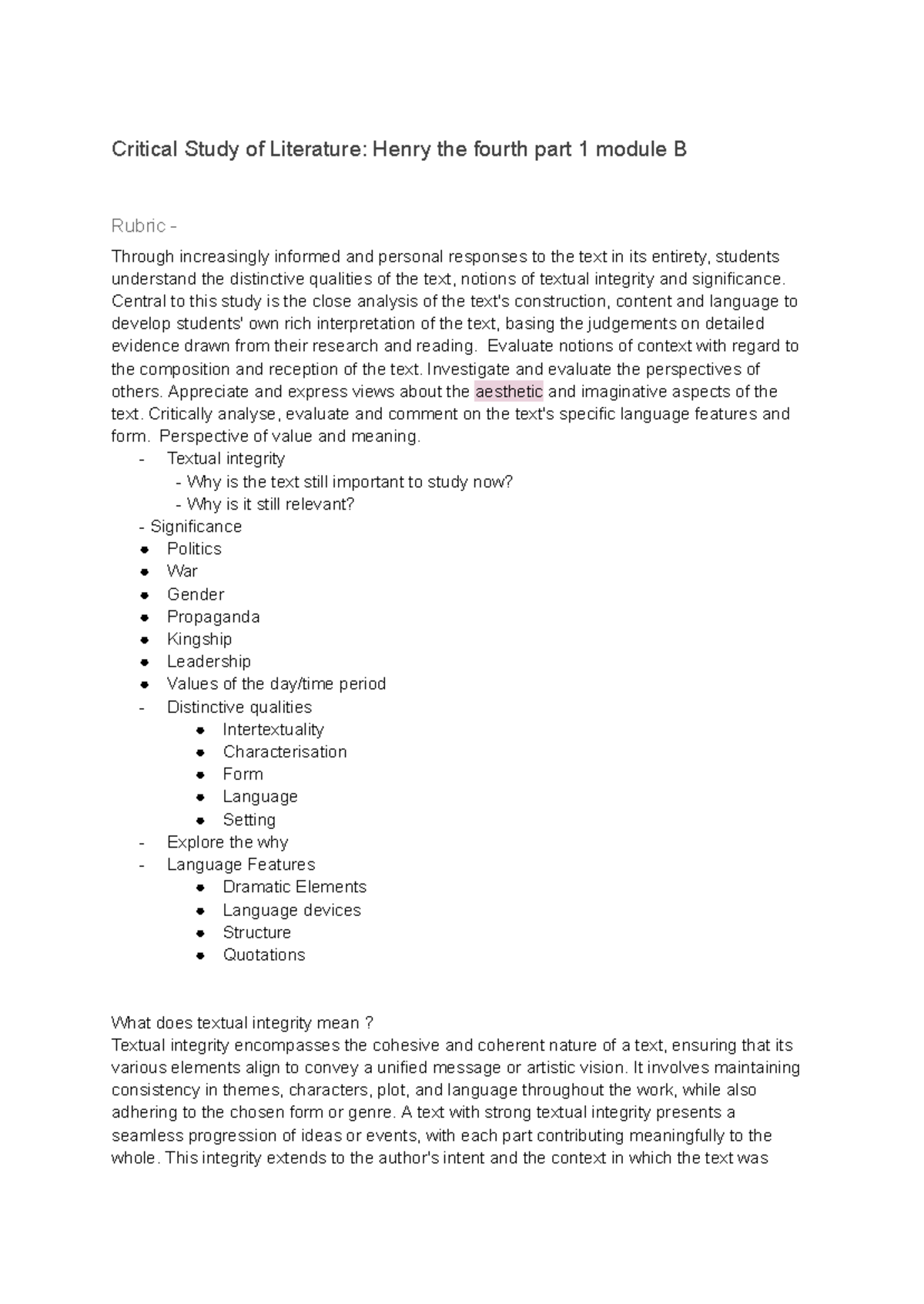 Critical Study of Literature Henry the fourth part 1 module B - Central to this study is the ...