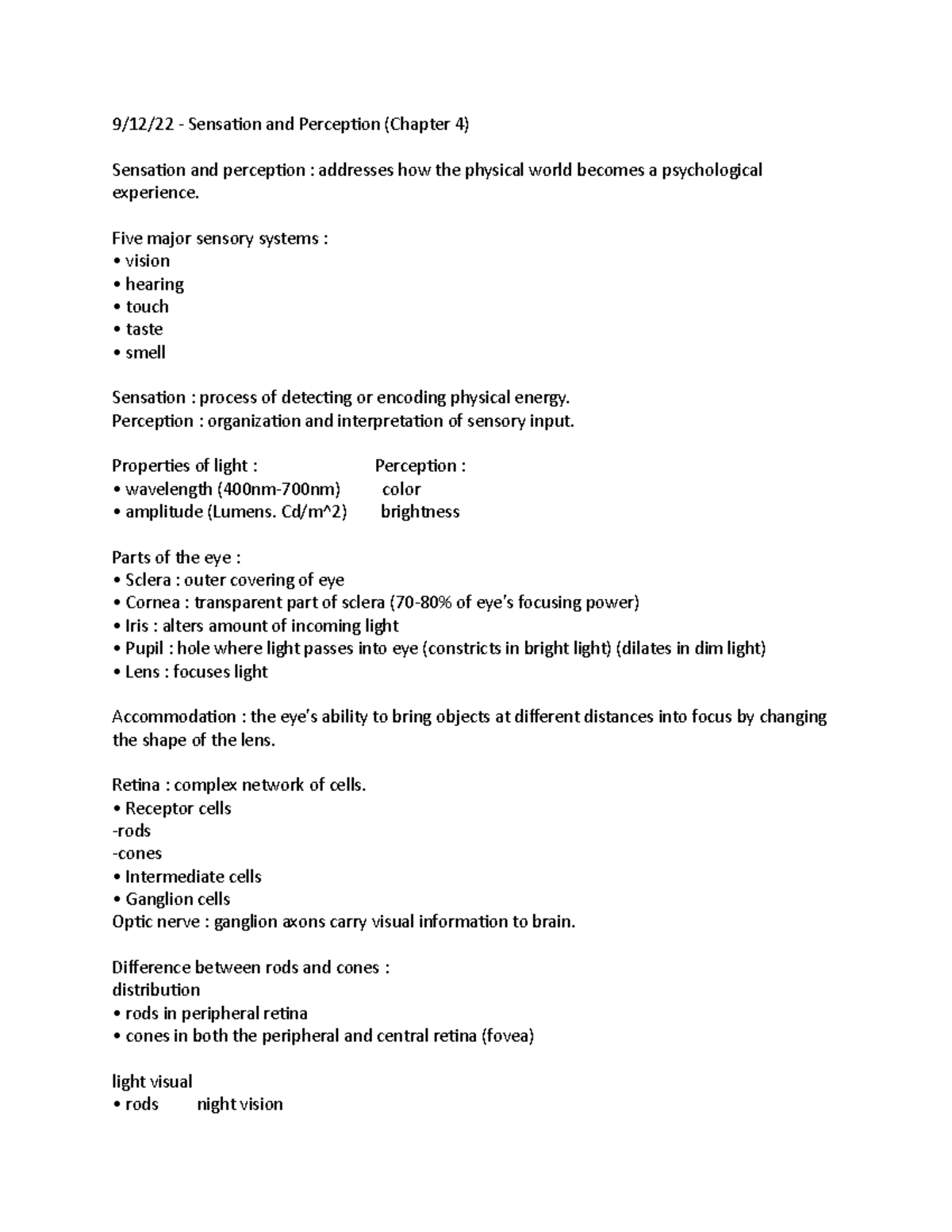 Psychology notes 101 - 9/12/22 - Sensation and Perception (Chapter 4 ...