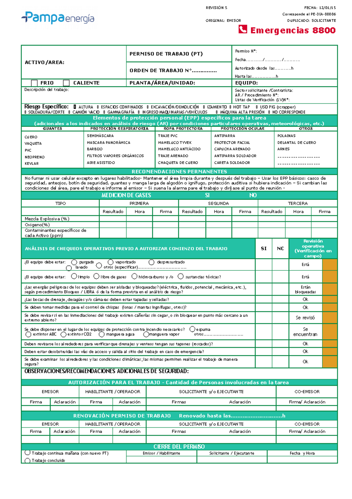 Anexo A1 - Formulario PT rev5 - ACTIVO/AREA: PERMISO DE TRABAJO (PT ...