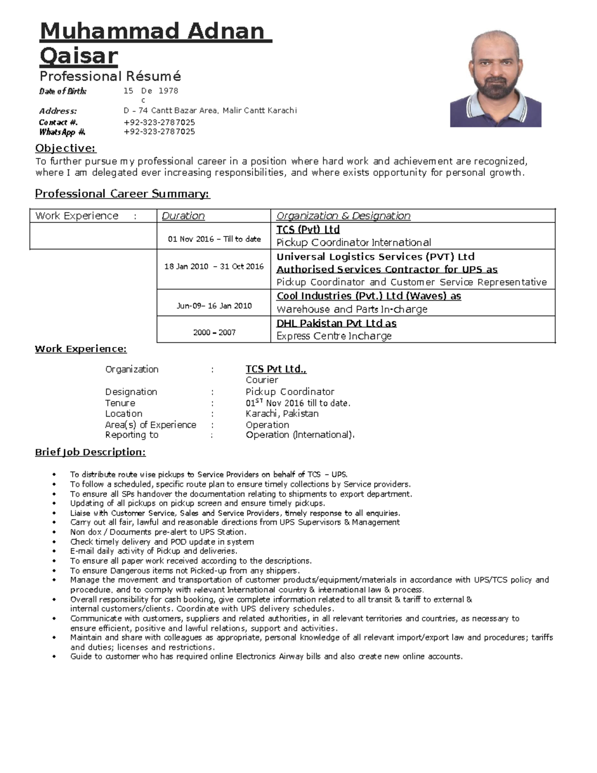 Muhammad Adnan Qaisar CV Update - Muhammad Adnan Qaisar Professional Résumé Date of Birth: 15 De ...