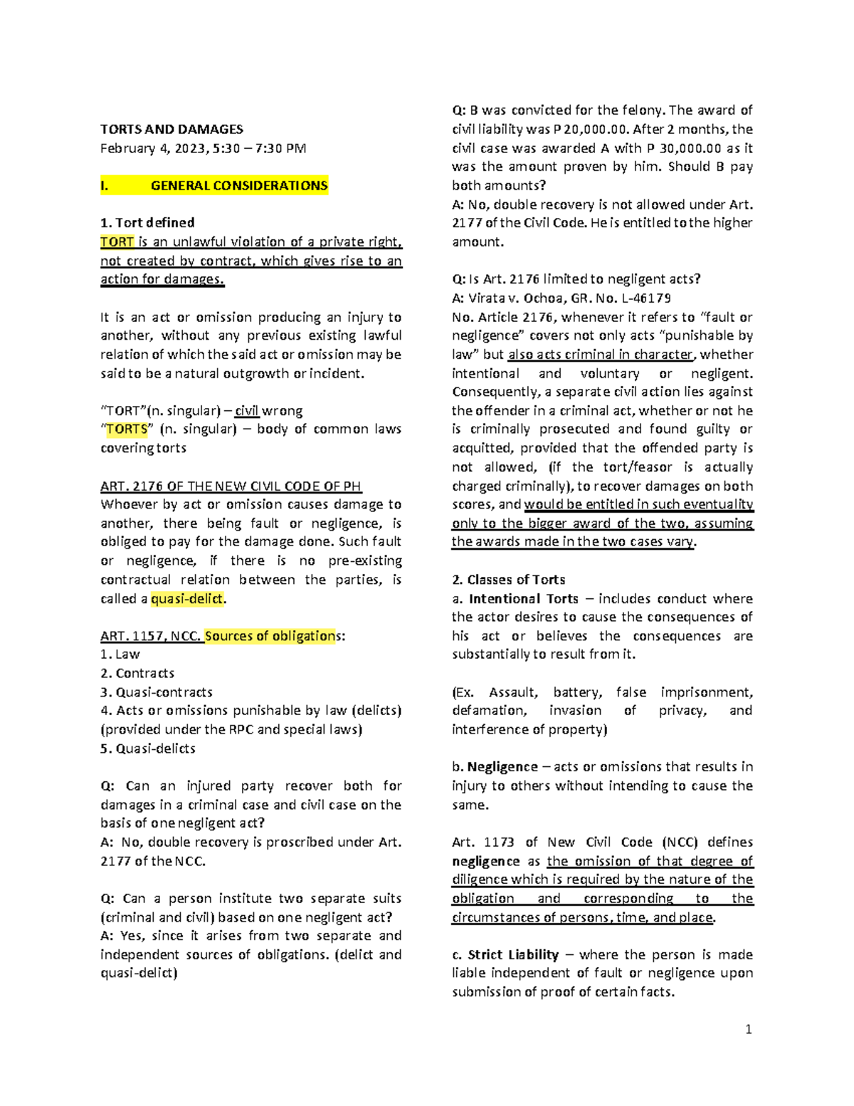 Torts - TORTS AND DAMAGES February 4, 2023, 5:30 – 7:30 PM I. GENERAL ...
