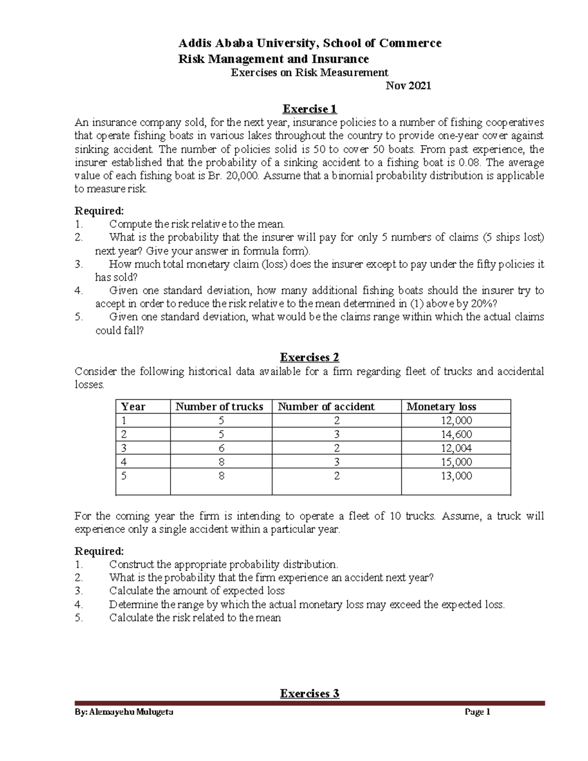 Exercises on Risk measurment - Addis Ababa University, School of ...