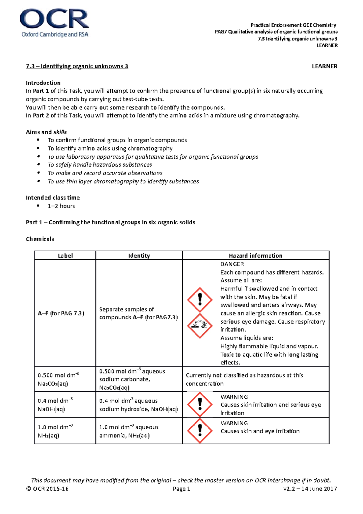 Chemistry PAG 7.3 Learner v2 - PAG7 Qualitative analysis of organic ...