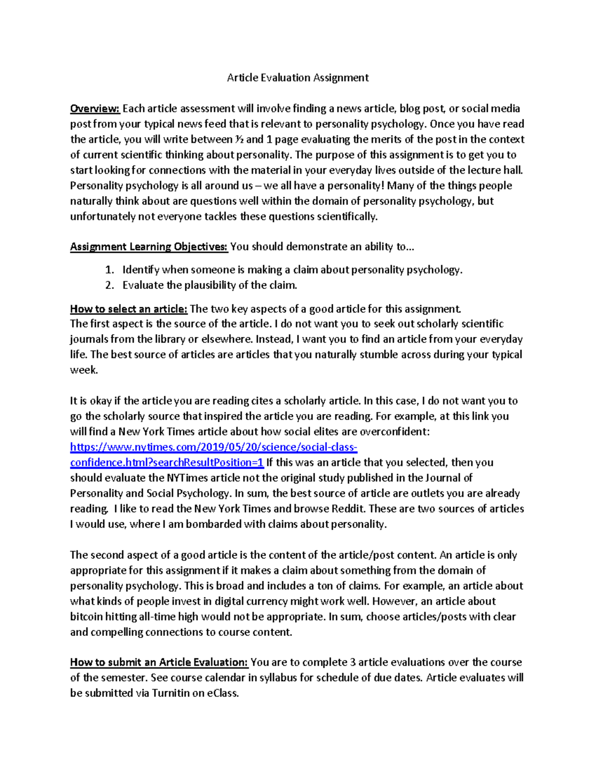 Article Evaluation Instructions - Article Evaluation Assignment ...