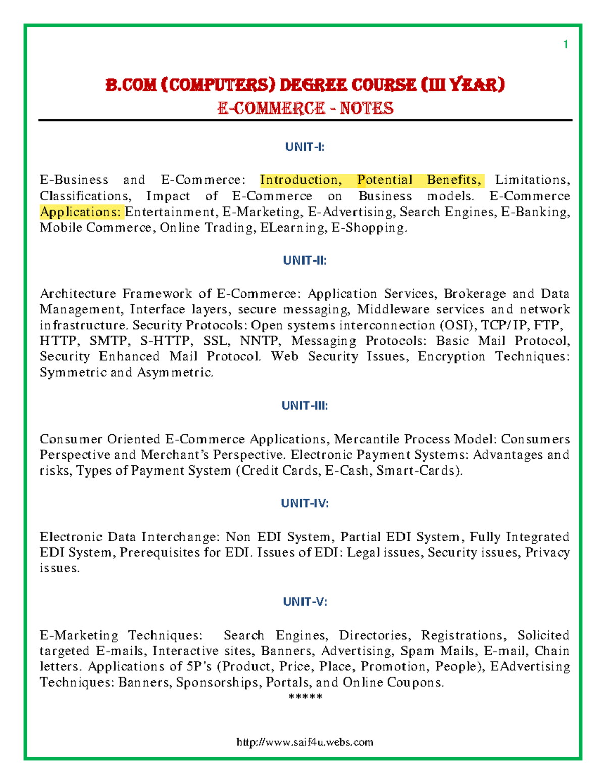 E-Commerce Notes - B (COMPUTERS) DEGREE COURSE (III YEAR) E-COMMERCE ...