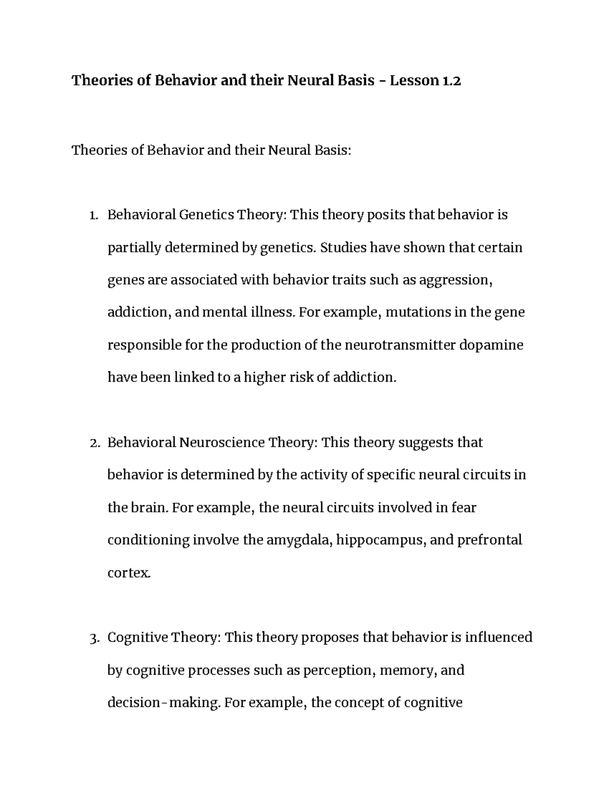 Theories of Behavior and their Neural Basis - Lesson 1 - Theories of ...