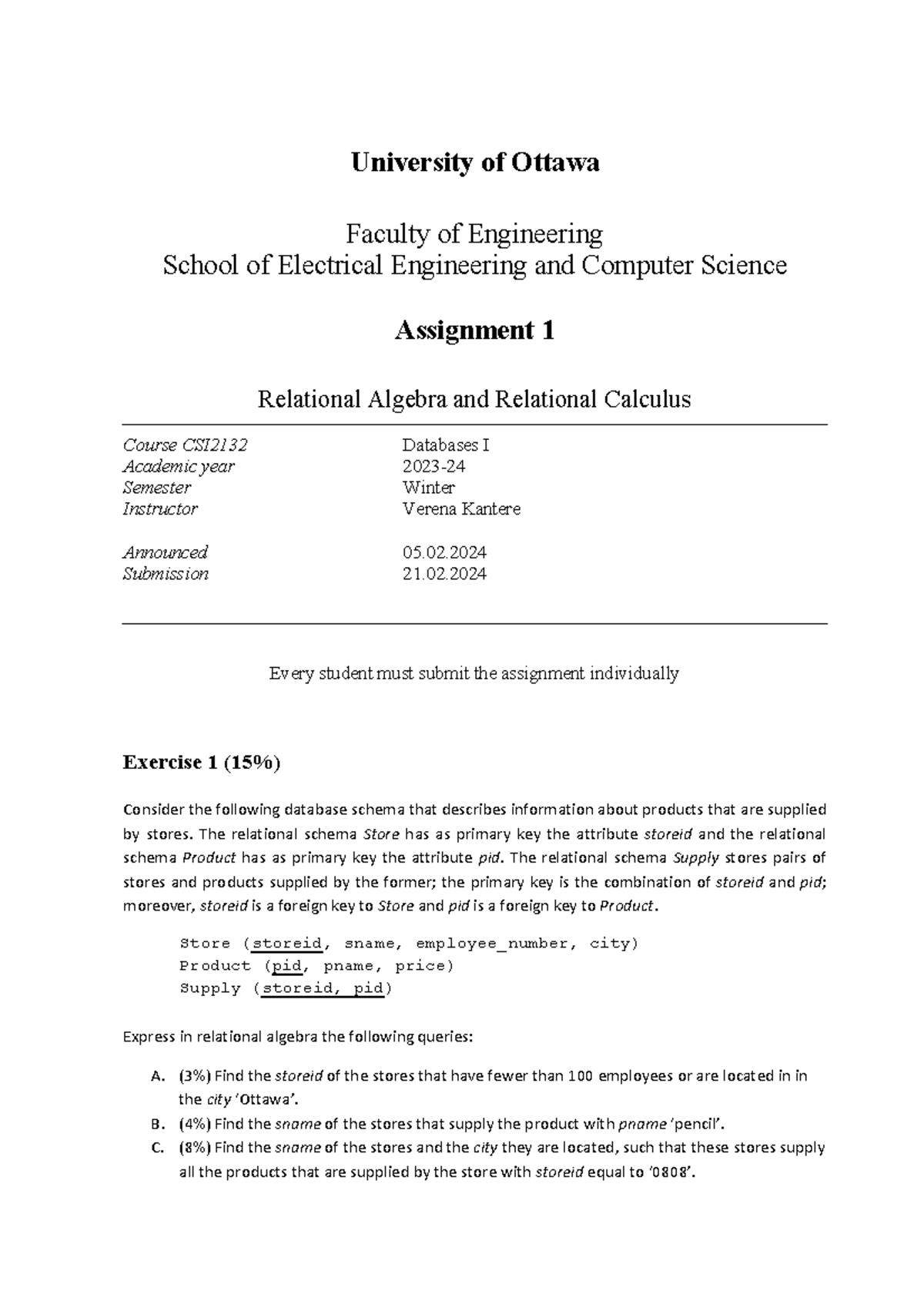 Assignment 1 2024 - University of Ottawa Faculty of Engineering School ...