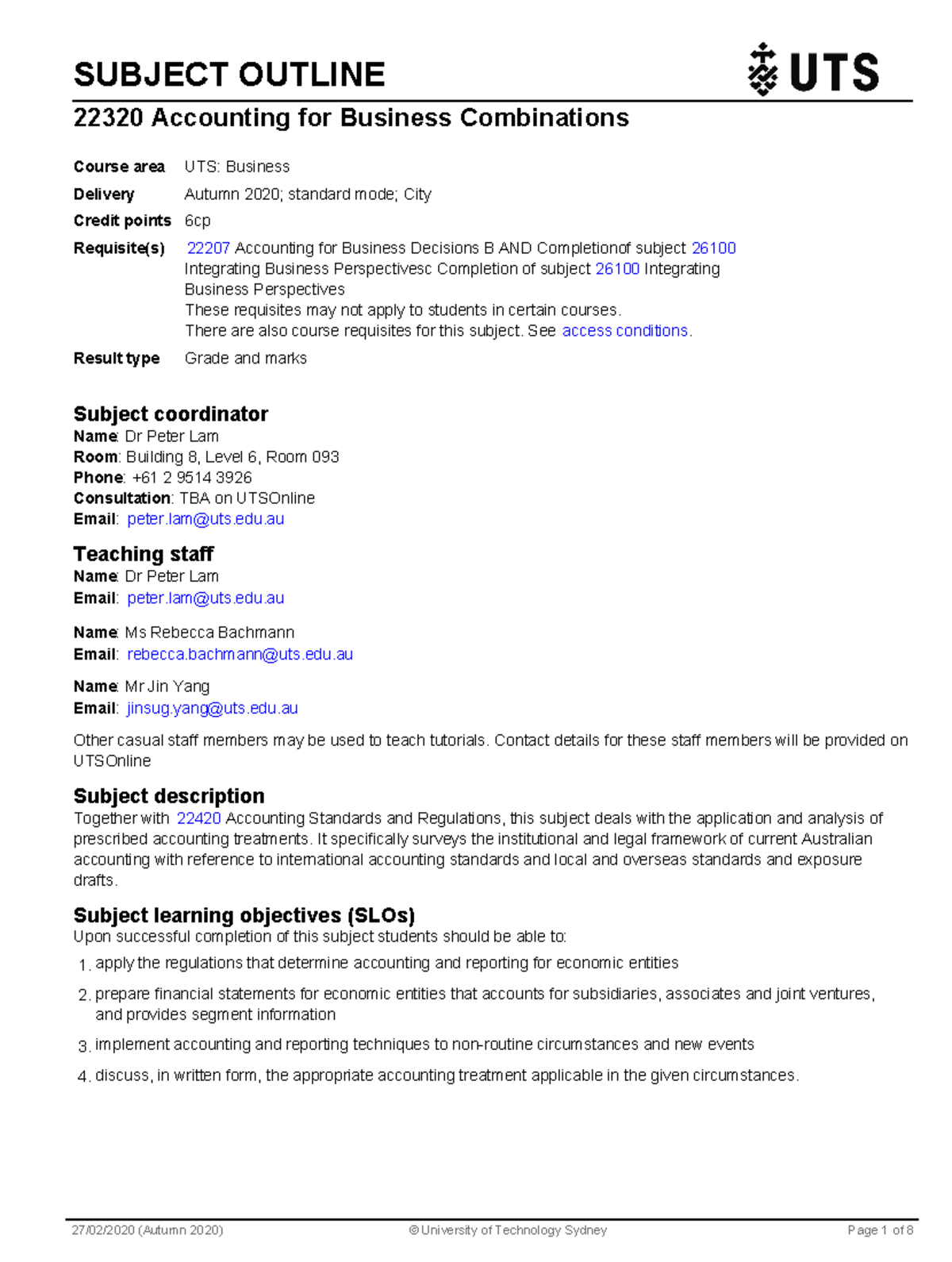 Accounting for Business Combinations Subject Outline - SUBJECT OUTLINE ...