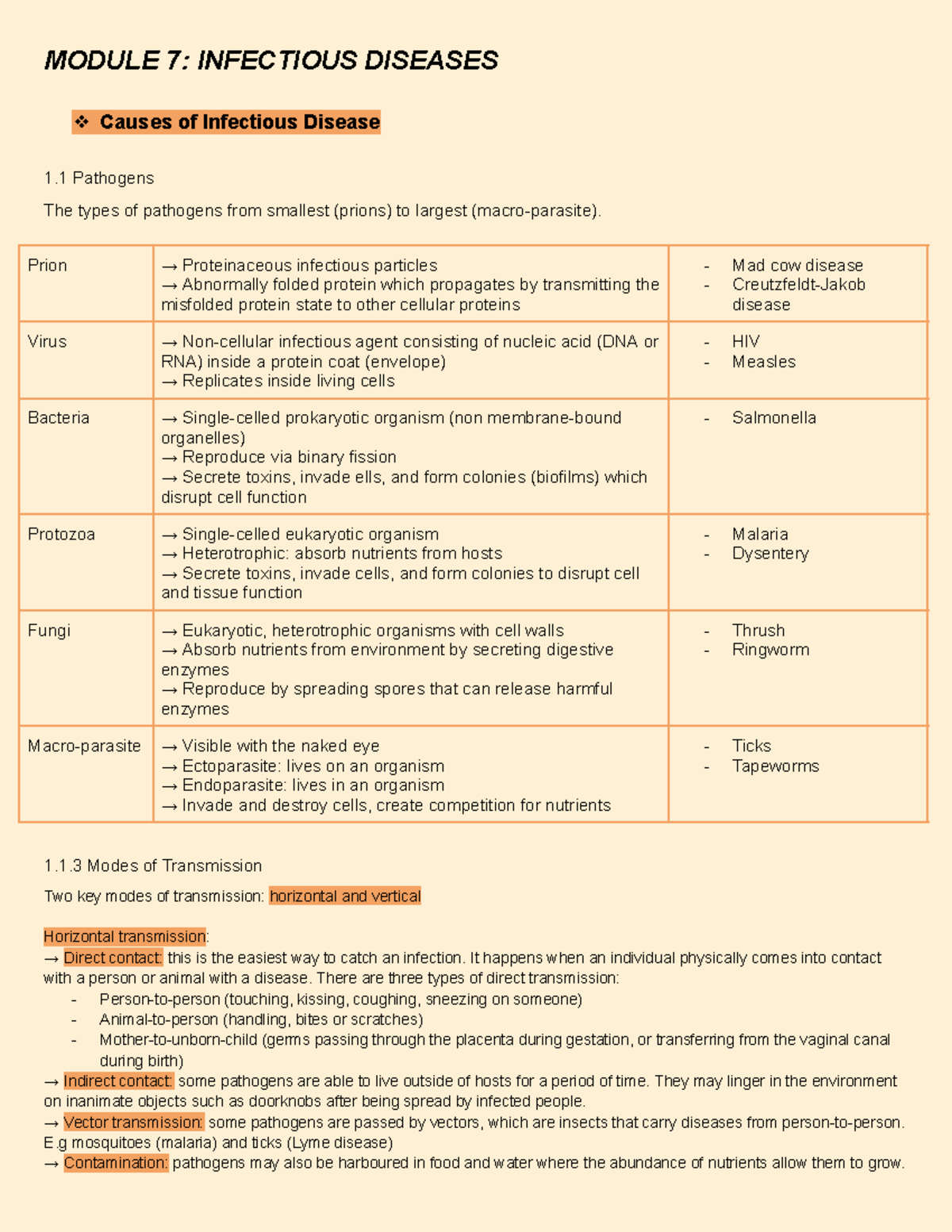 Module 7 Bio Notes - MODULE 7: INFECTIOUS DISEASES Causes of Infectious ...
