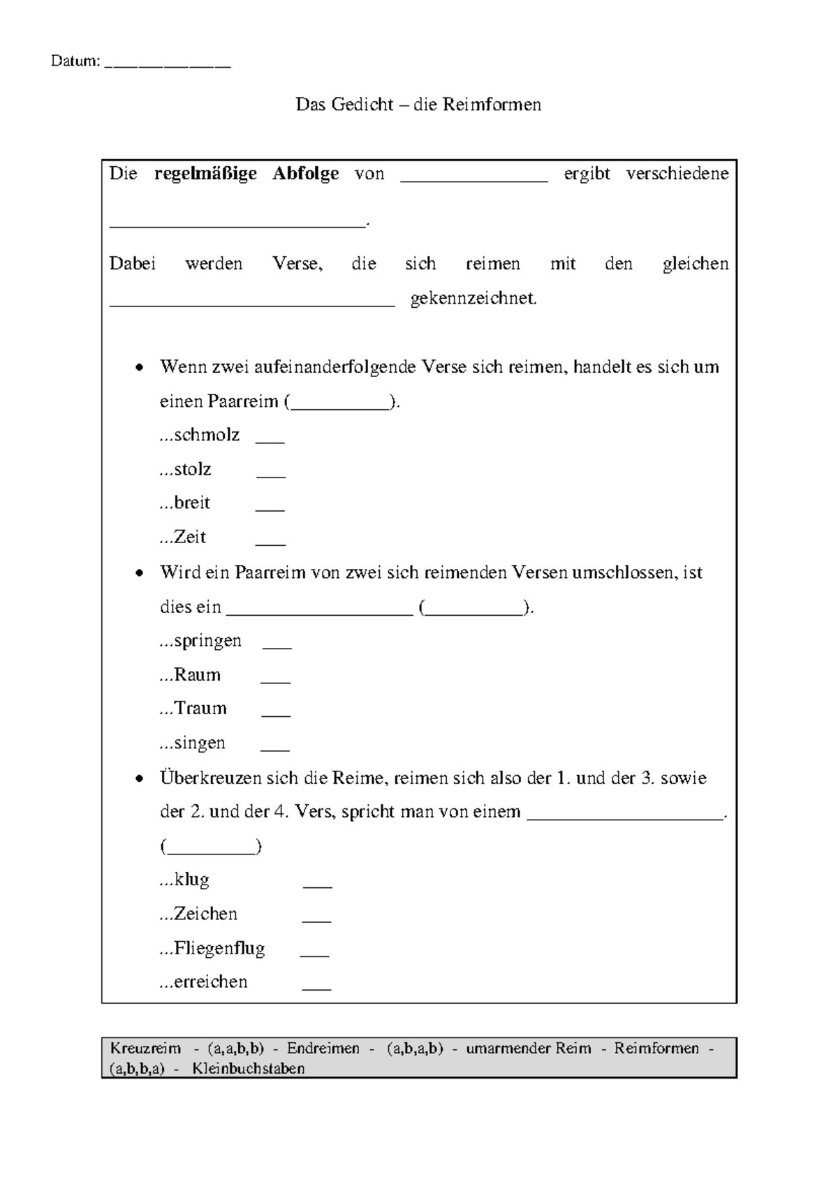 Das Gedicht – die Reimformen - Datum: _______________ Das Gedicht – die ...
