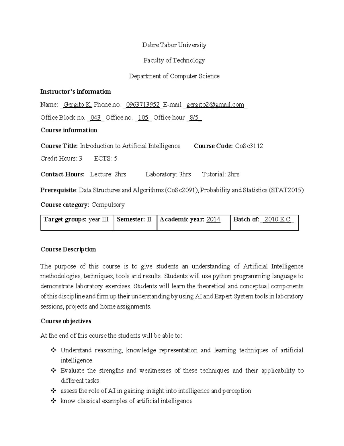 Introduction to AI Course S - Debre Tabor University Faculty of Technology Department of ...