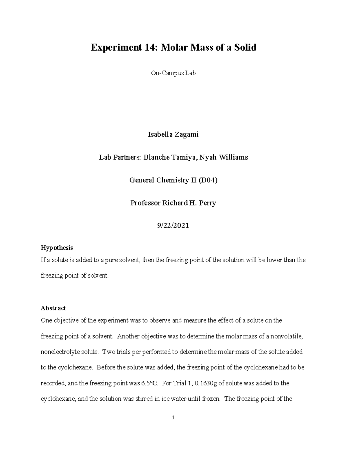 Experiment 14 Lab Report Gen Chem II - Experiment 14: Molar Mass of a ...