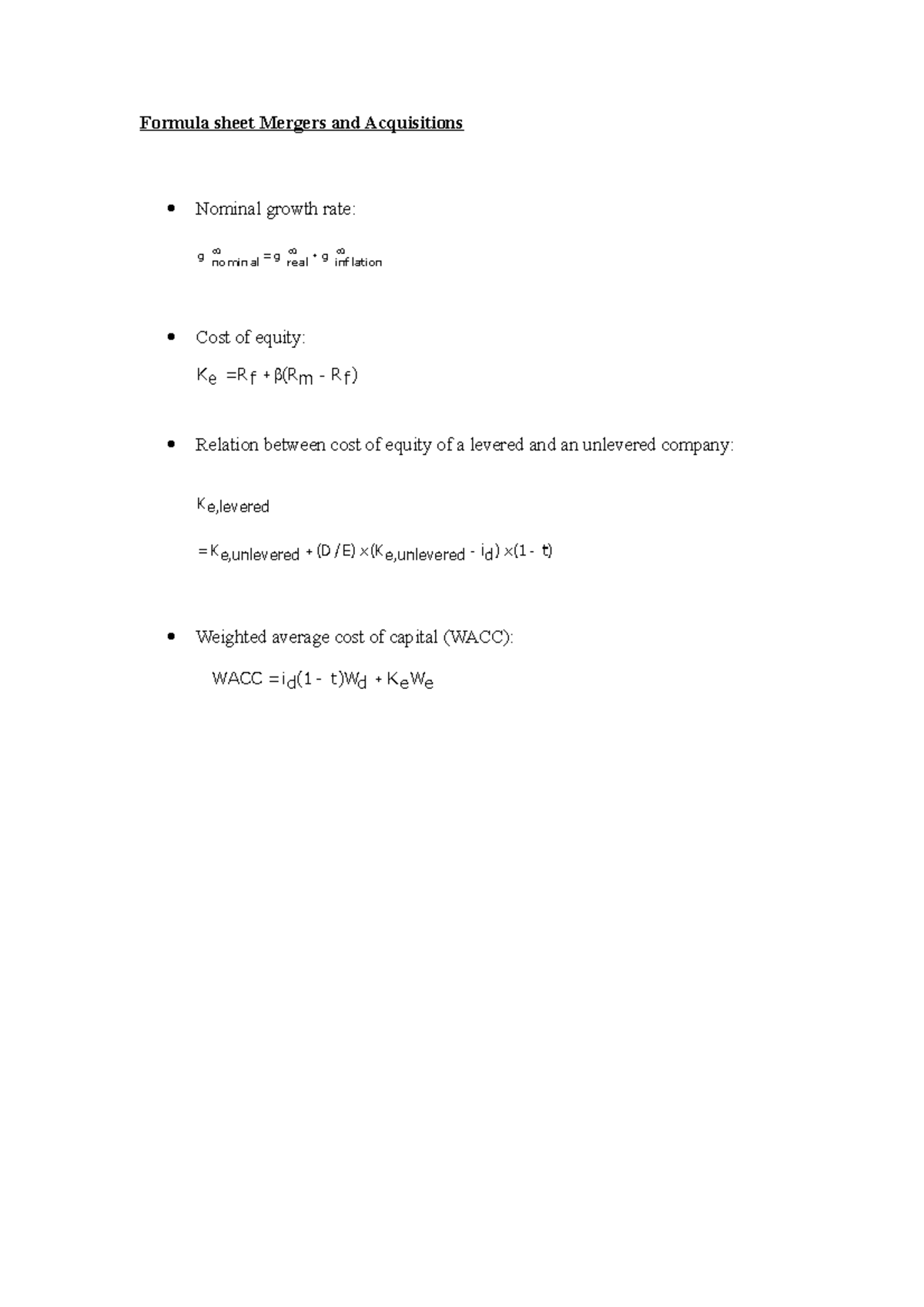 Formula Sheet For M A Formula Sheet Mergers And Acquisitions Nominal