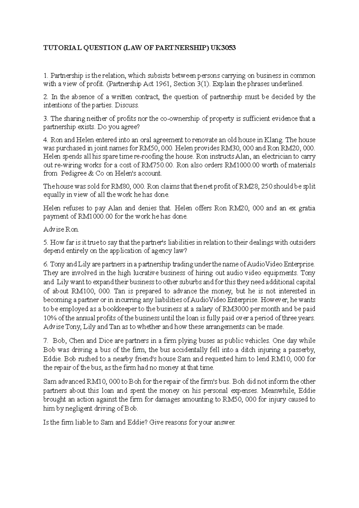 1 Tutorial Question - tuto - TUTORIAL QUESTION (LAW OF PARTNERSHIP) UK ...