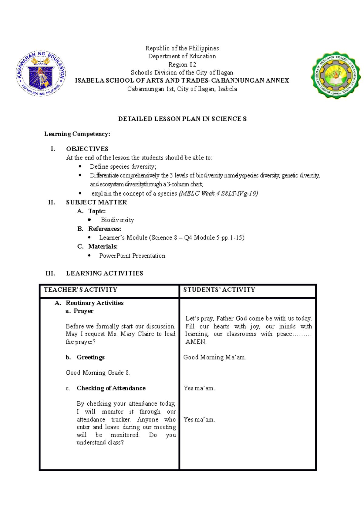 Final DEMO Detailed Lesson PLAN ( Hierarchical Taxonomy) - Republic of ...