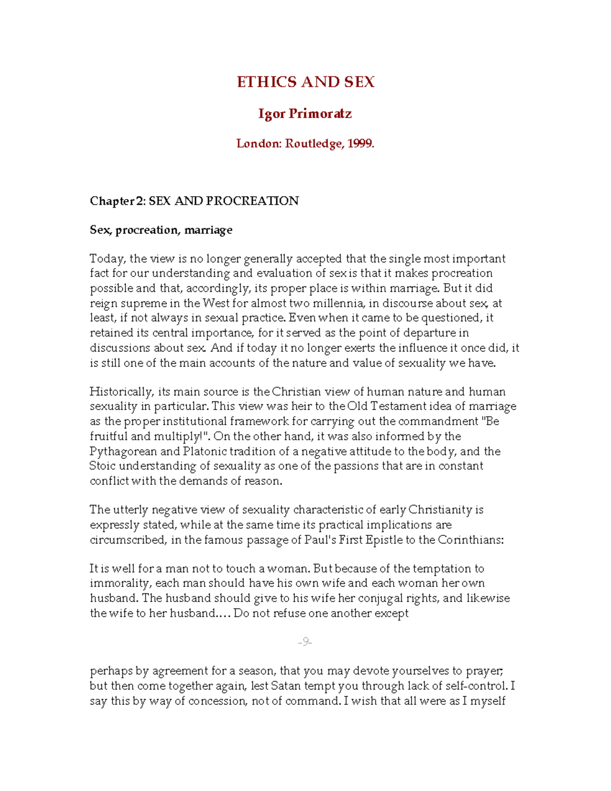 Sex and Procreation - Primoratz 1 - ETHICS AND SEX Igor Primoratz ...