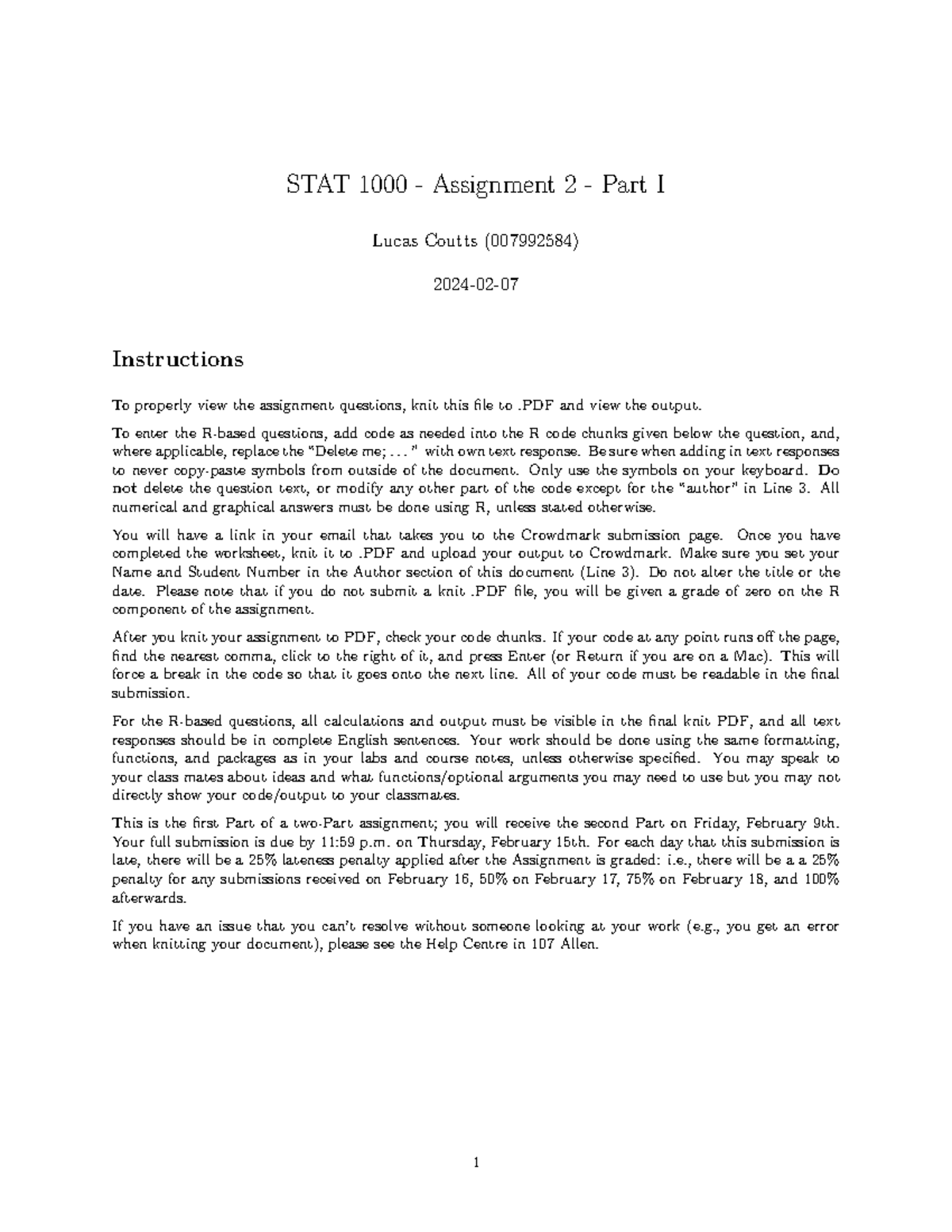 STAT 1000 A2 Part I SV - bhuhfie - STAT 1000 - Assignment 2 - Part I ...