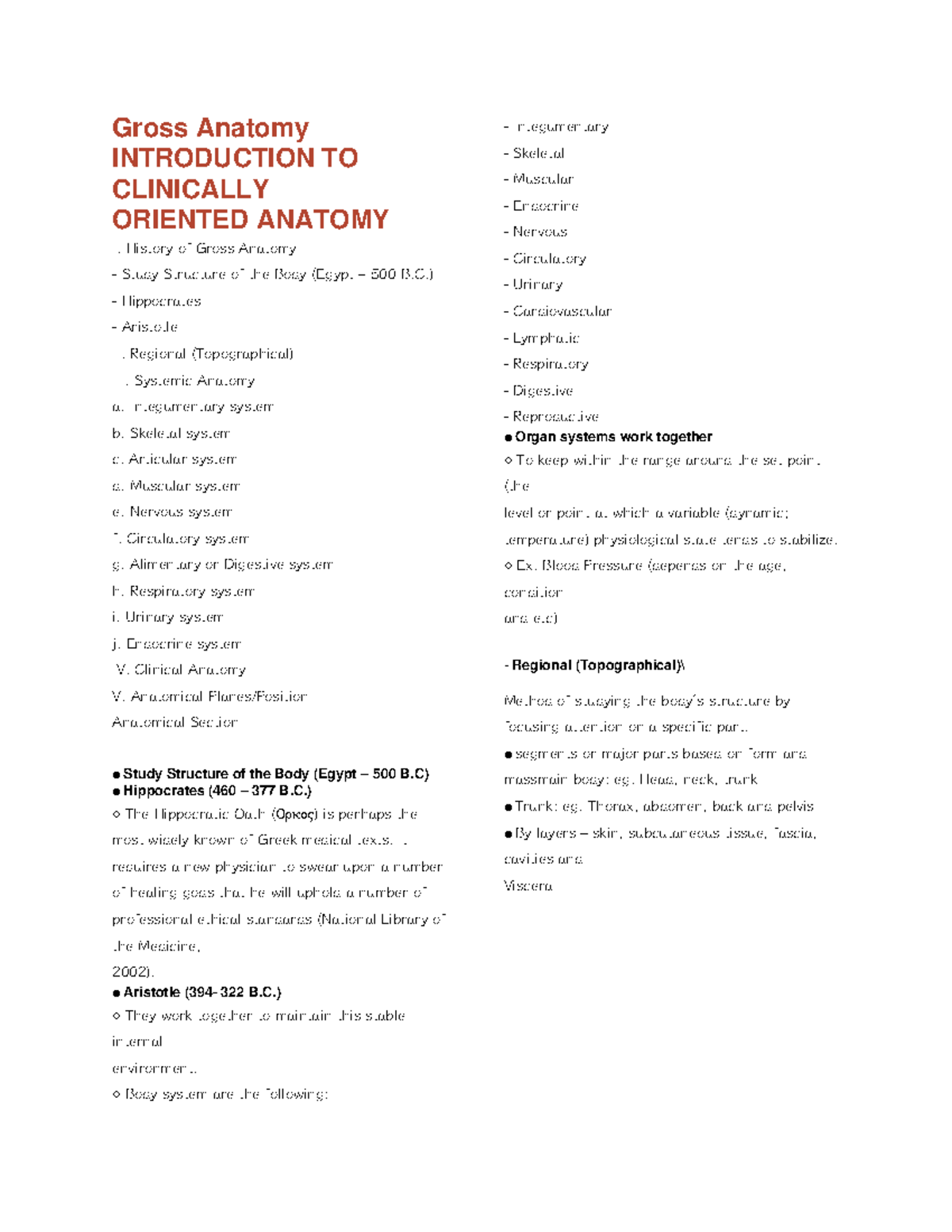 Introduction to Gross Anatomy - Gross Anatomy INTRODUCTION TO ...