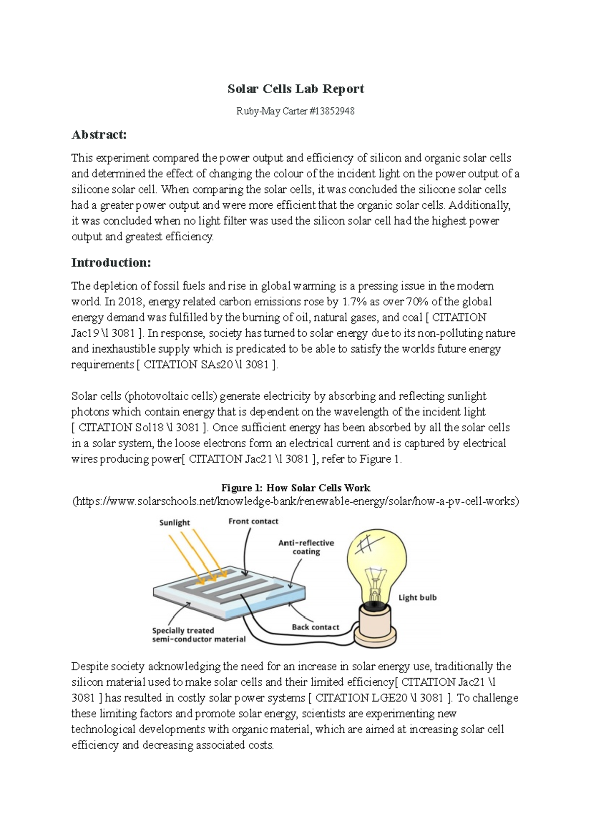 Solar Cells Lab Report - Solar Cells Lab Report Ruby-May Carter ...