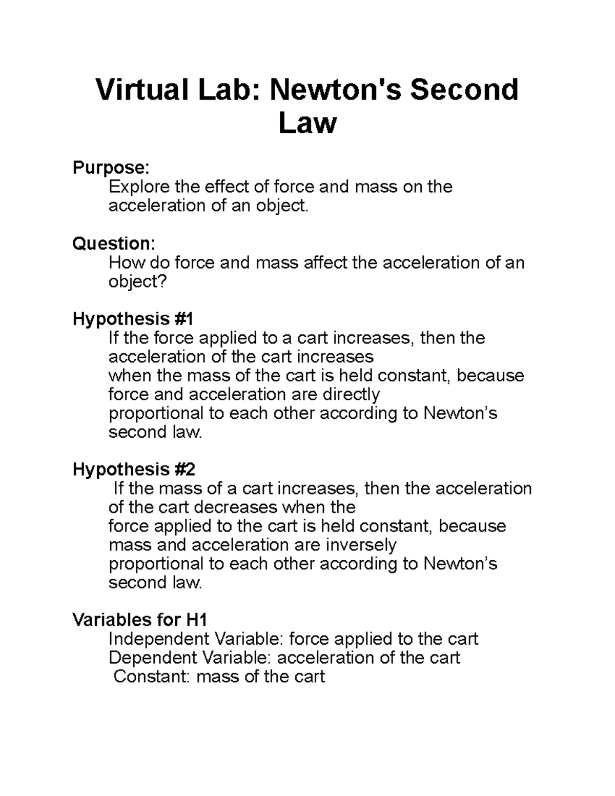 Virtual Lab Newton's Second Law - Virtual Lab: Newton's Second Law ...