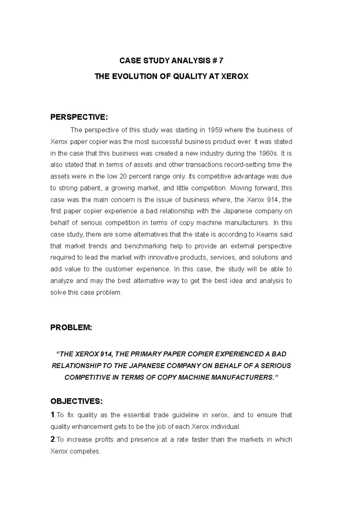 CASE- Study Analysis -THE Evolution OF Quality AT Xerox - CASE STUDY ANALYSIS # 7 THE EVOLUTION ...