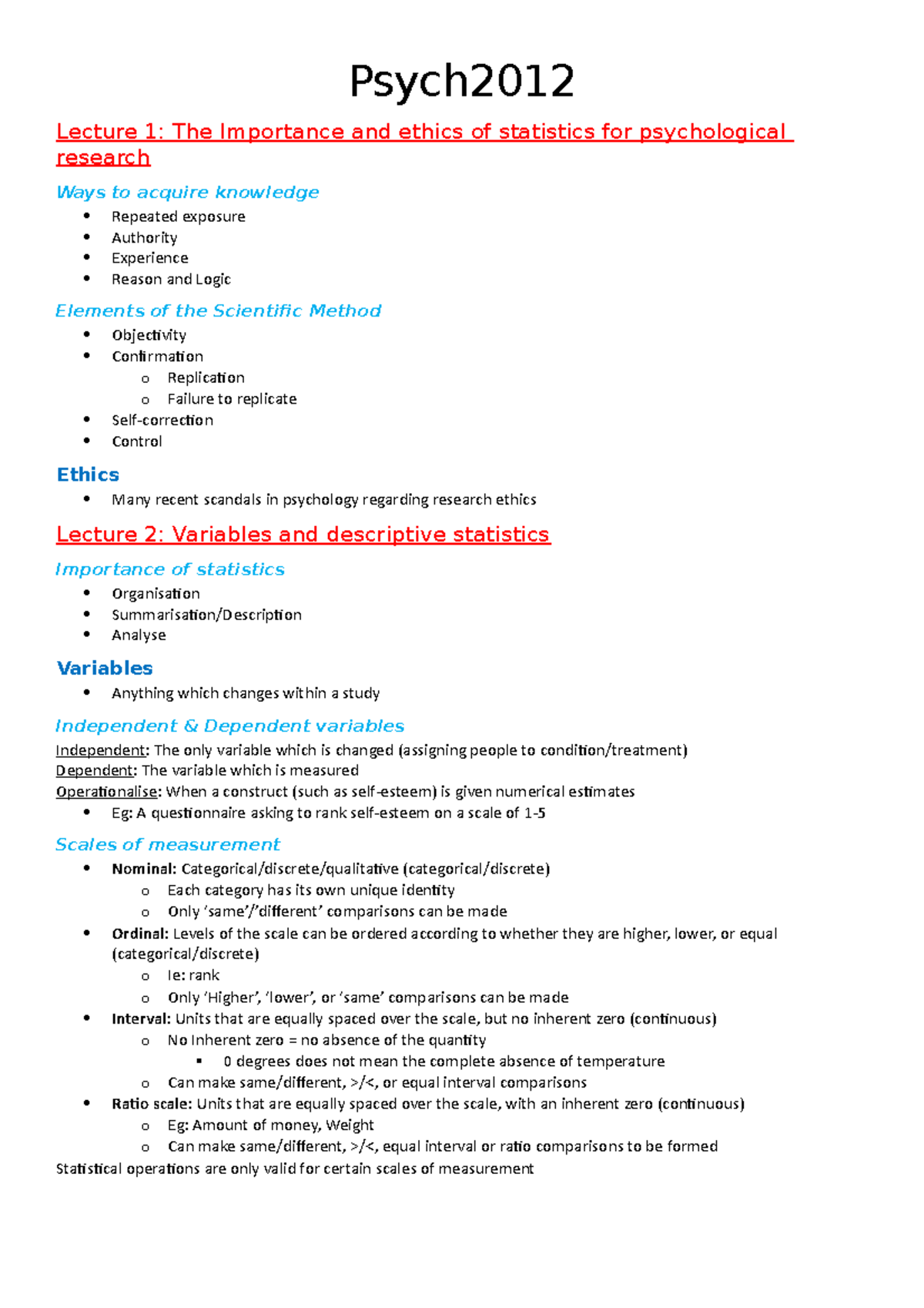 Psych 2012 - Complete, concise lecture notes with examples - Psych ...