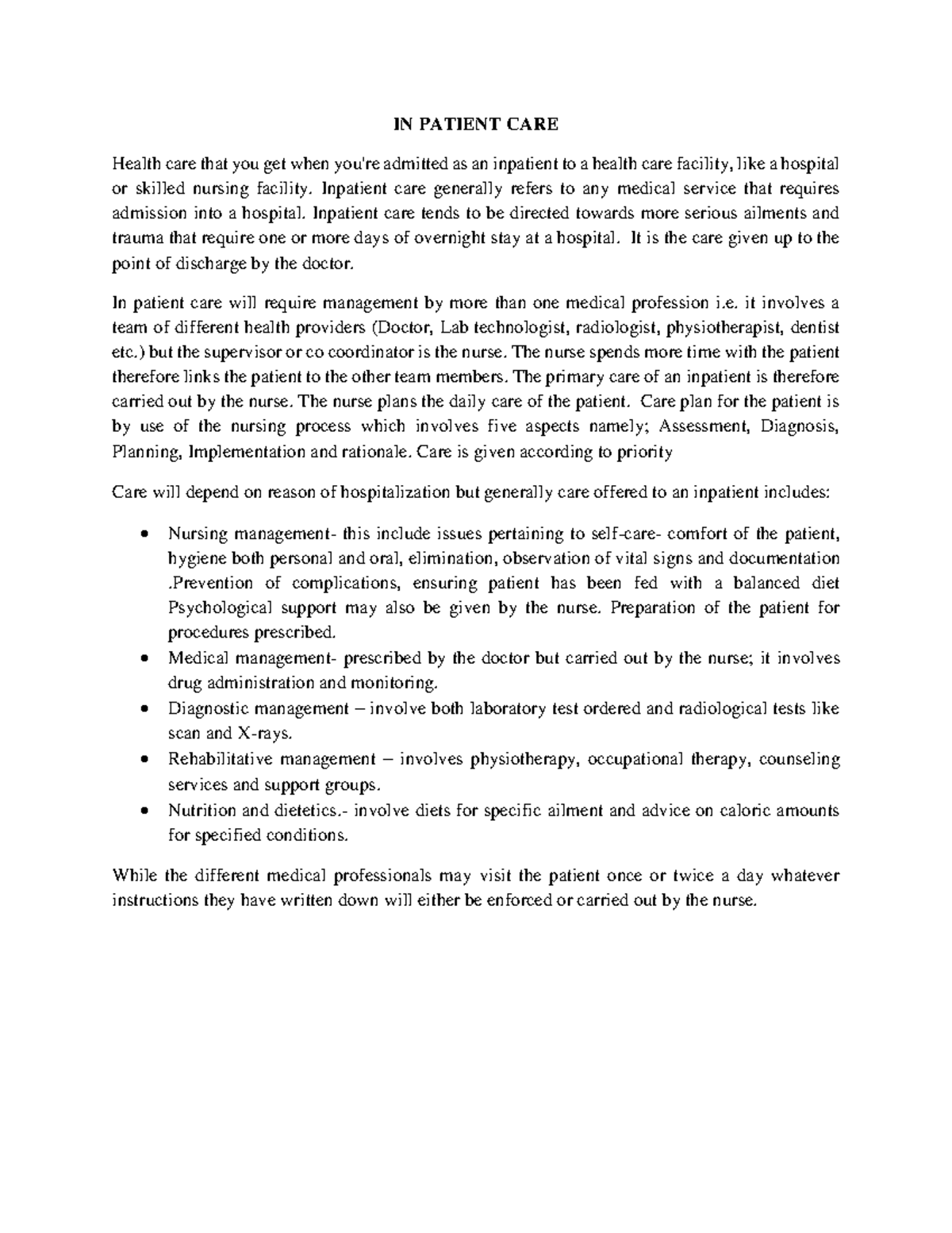 IN Patient CARE - IN PATIENT CARE Health care that you get when you're ...