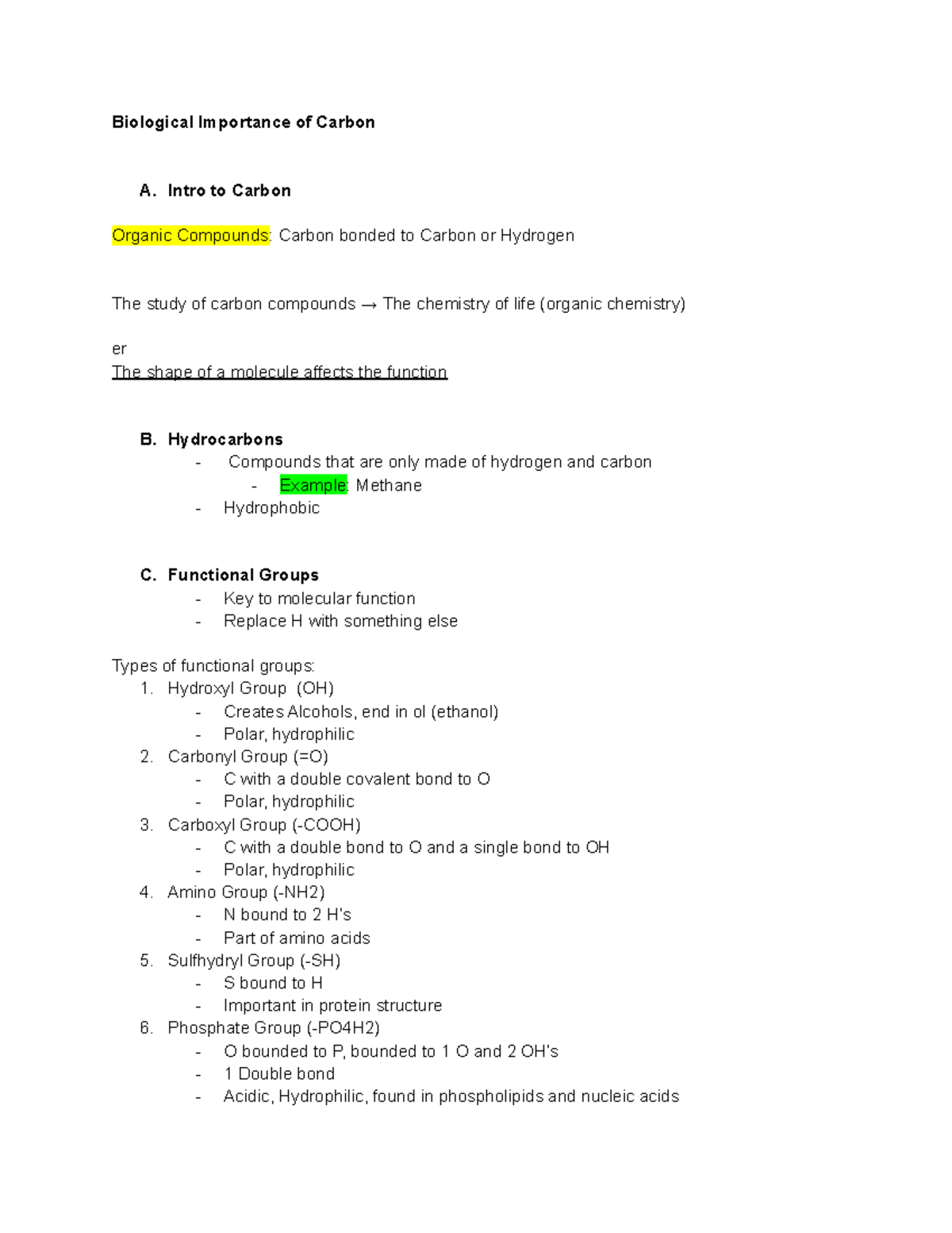 General biology lecture 3.4 notes - Biological Importance of Carbon A ...