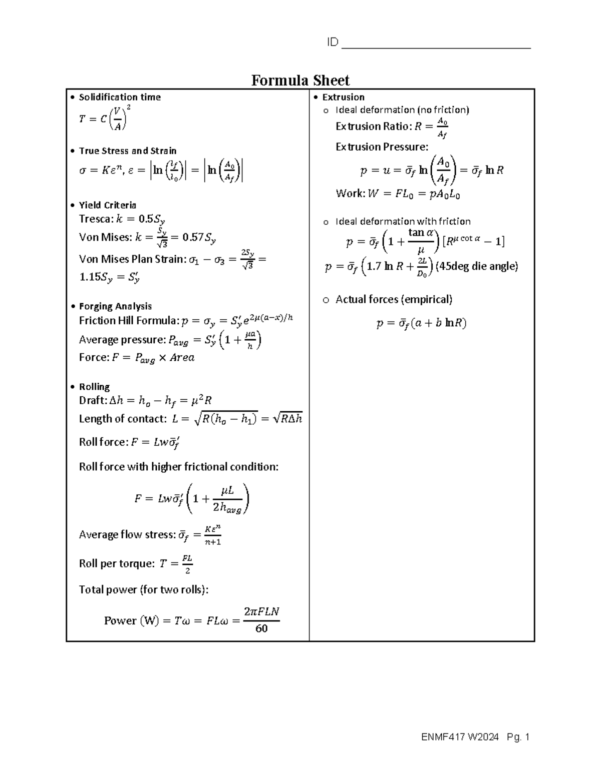 Midterm 2 Formula Sheet - ID ________________________________ ENMF417 W2024 Pg. 1 Formula Sheet ...