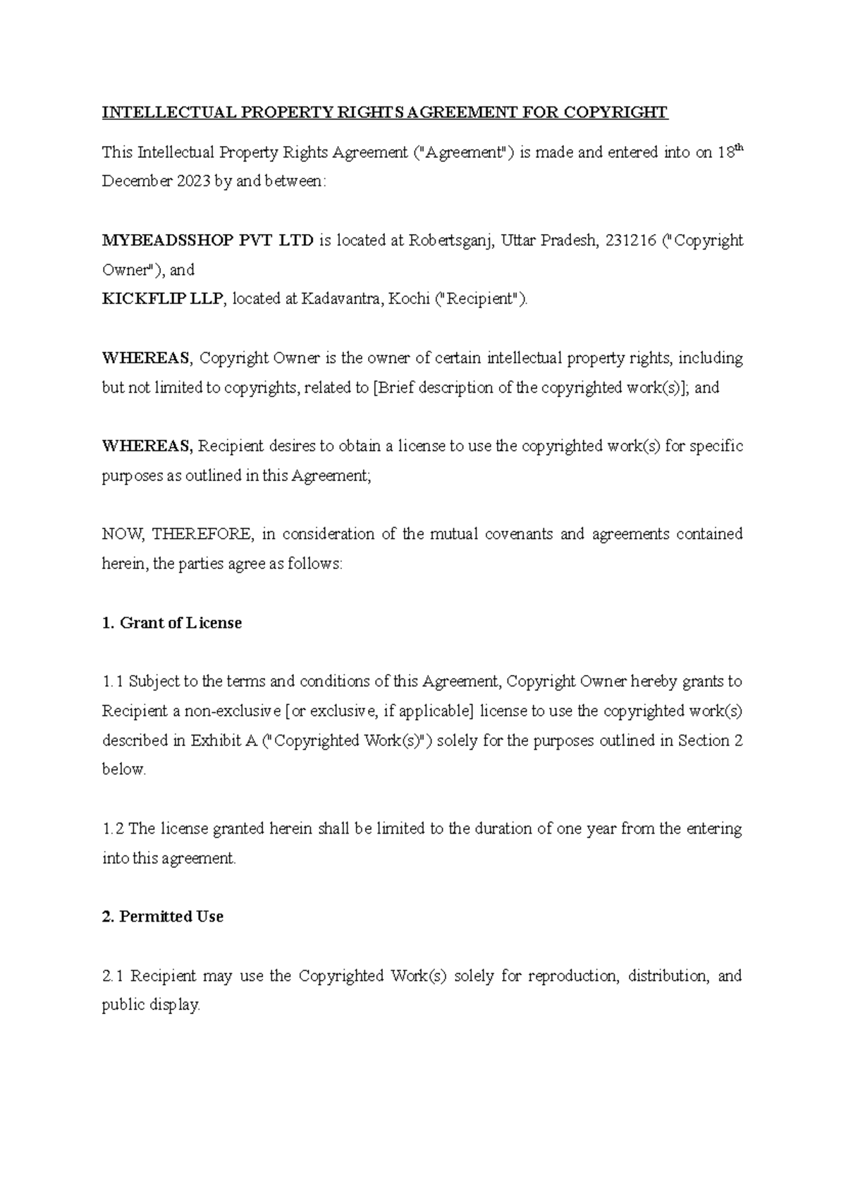 Intellectual Property Rights Agreement FOR Copyright - INTELLECTUAL ...