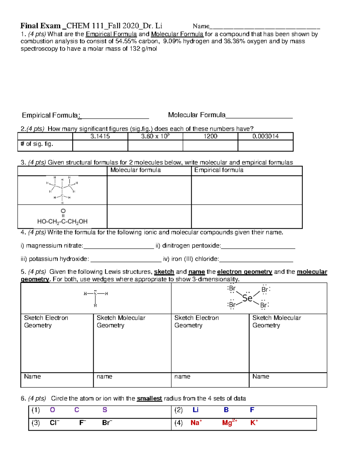 Final Exam Chem111 Fall 2020 - Final Exam CHEM 111_Fall 2020_Dr. Li ...
