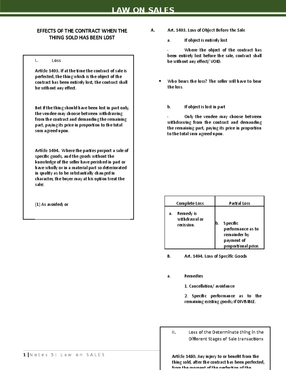Notes 4 LAW - EFFECTS OF THE CONTRACT WHEN THE THING SOLD HAS BEEN LOST ...